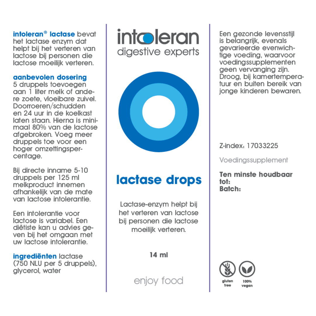 Lactase drops - 14 ml | Maak zelf zuivelproducten lactosevrij | Intoleran