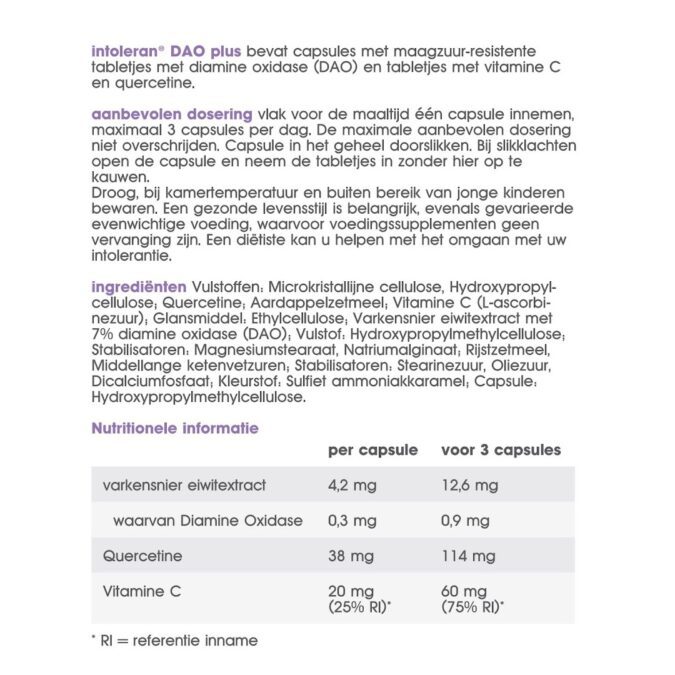 DAO plus - 50 capsules | Bevat Diamine Oxidase (DAO) | Intoleran