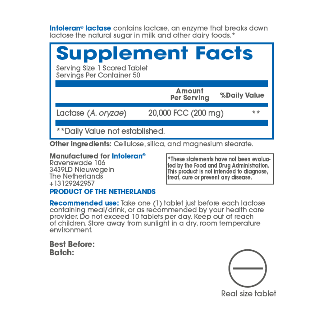 Lactase 20,000 - 50 tablets | Intoleran
