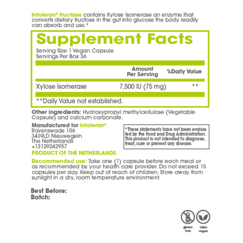 Fructase | Contains the Xylose Isomerase enzyme | Intoleran