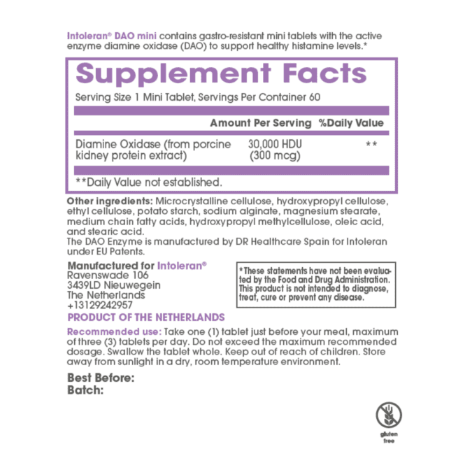 DAO mini - 60 tablets | Contains Diamine Oxidase | Intoleran