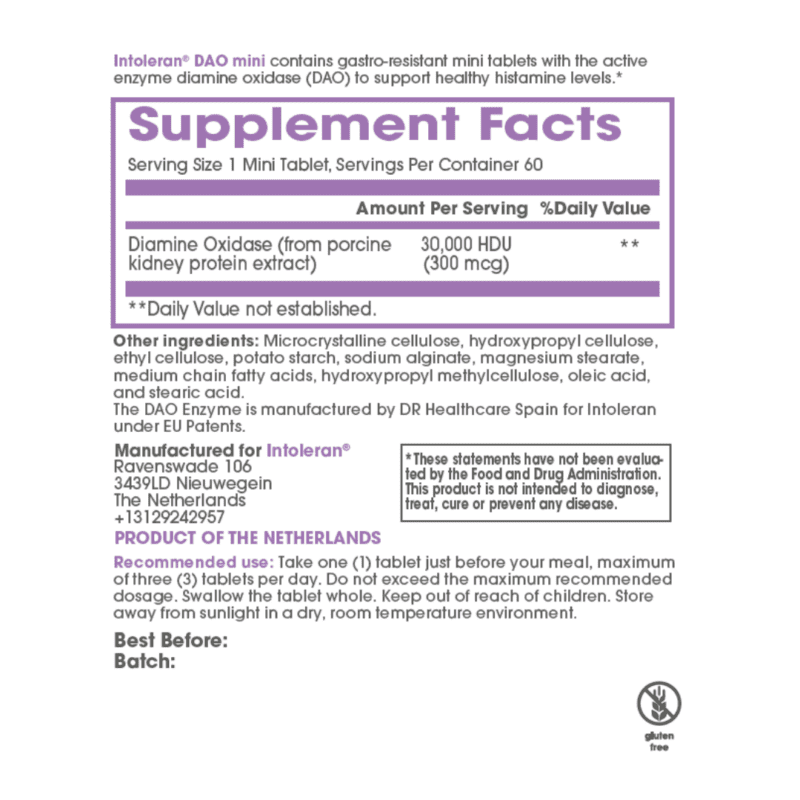 DAO mini - 60 tablets | Contains Diamine Oxidase | Intoleran